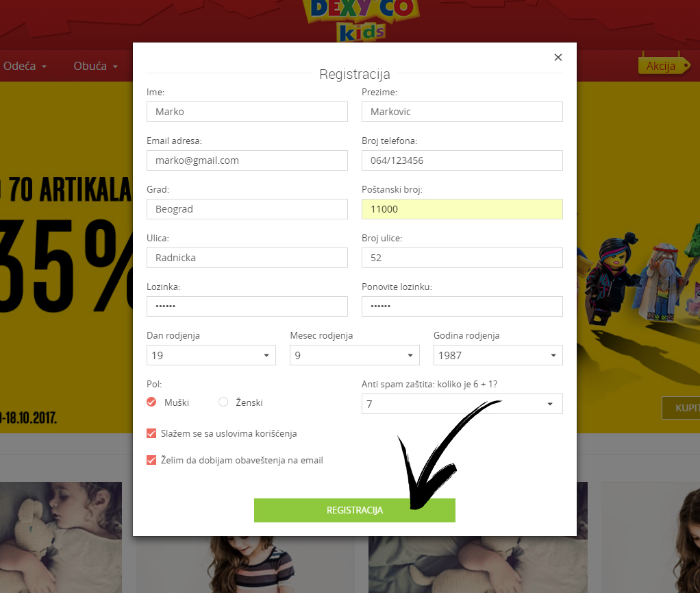 Proces registracije na www.dexy.co.rs | Dexy Co Kids internet prodavnica
