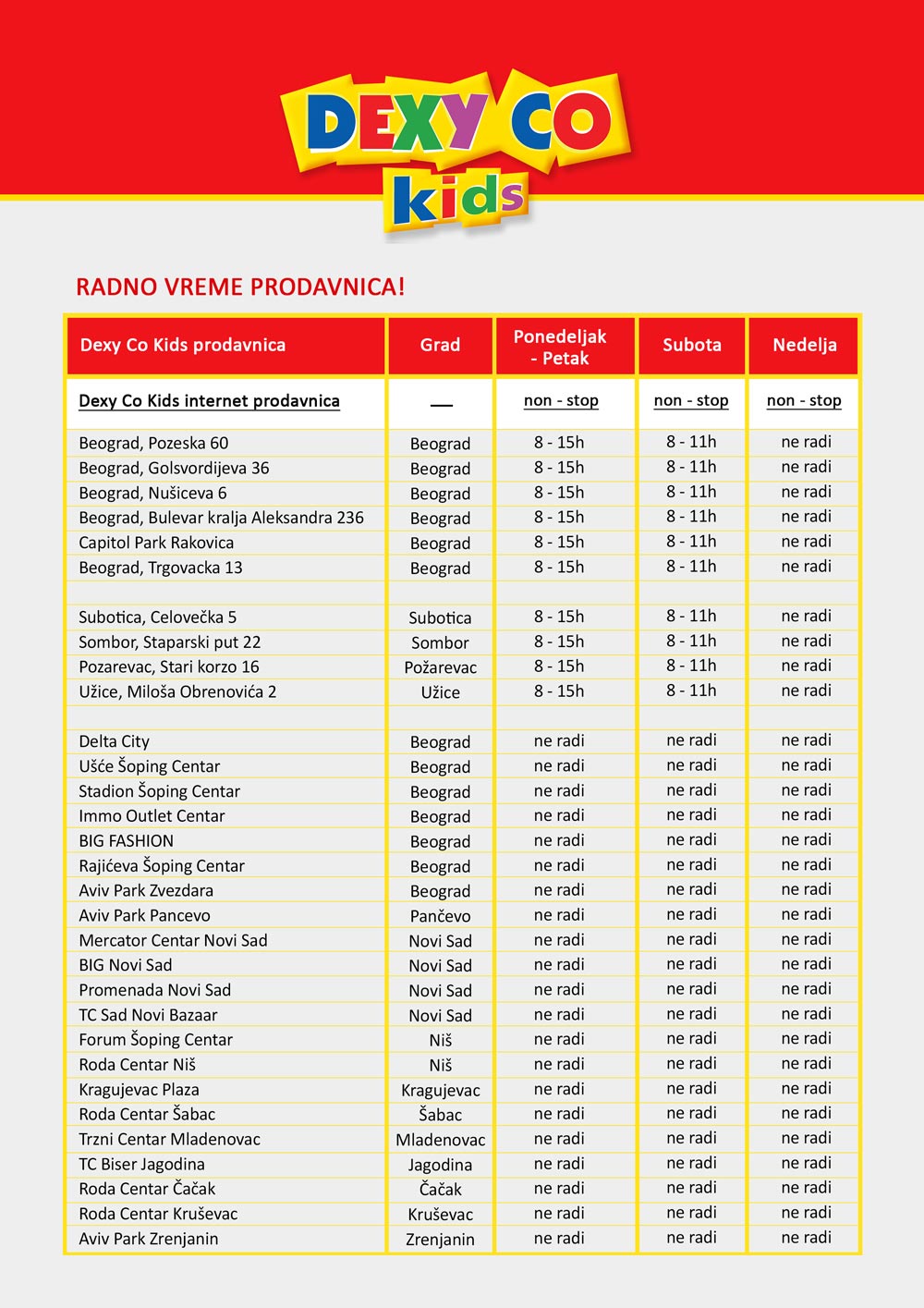 Novo radno vreme | Dexy Co Kids internet prodavnica